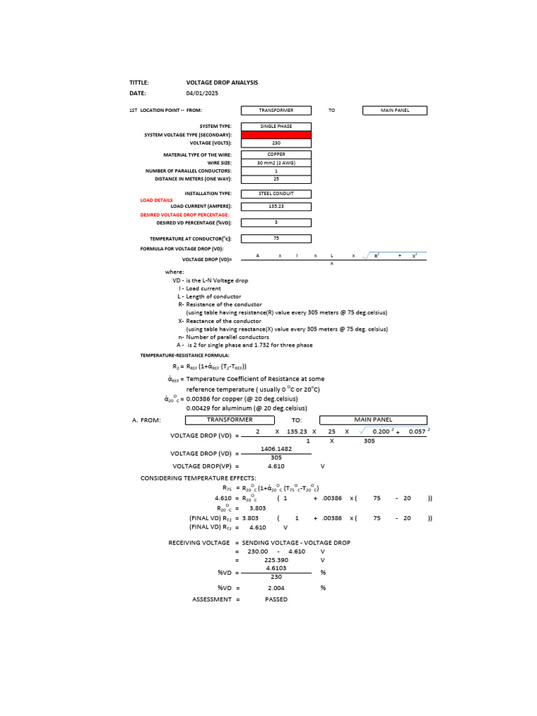 Voltage Drop Analysis To Main Panel | PDF | Electrical Conductor ...
