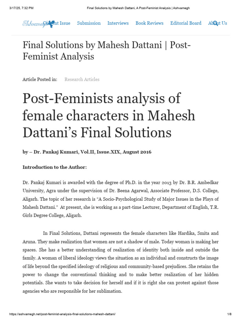 Final Solutions by Mahesh Dattani, A Post-Feminist Analysis - Ashvamegh ...