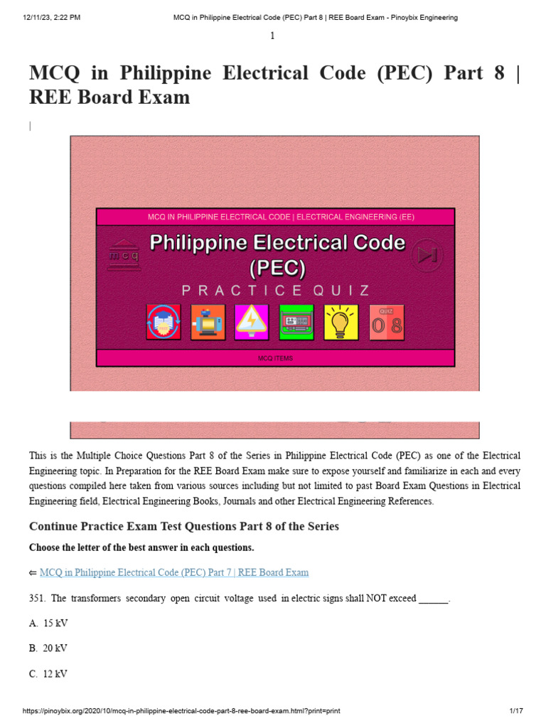 MCQ in Philippine Electrical Code (PEC) Part 8 _ REE Board Exam - Pinoybix Engineering | PDF ...