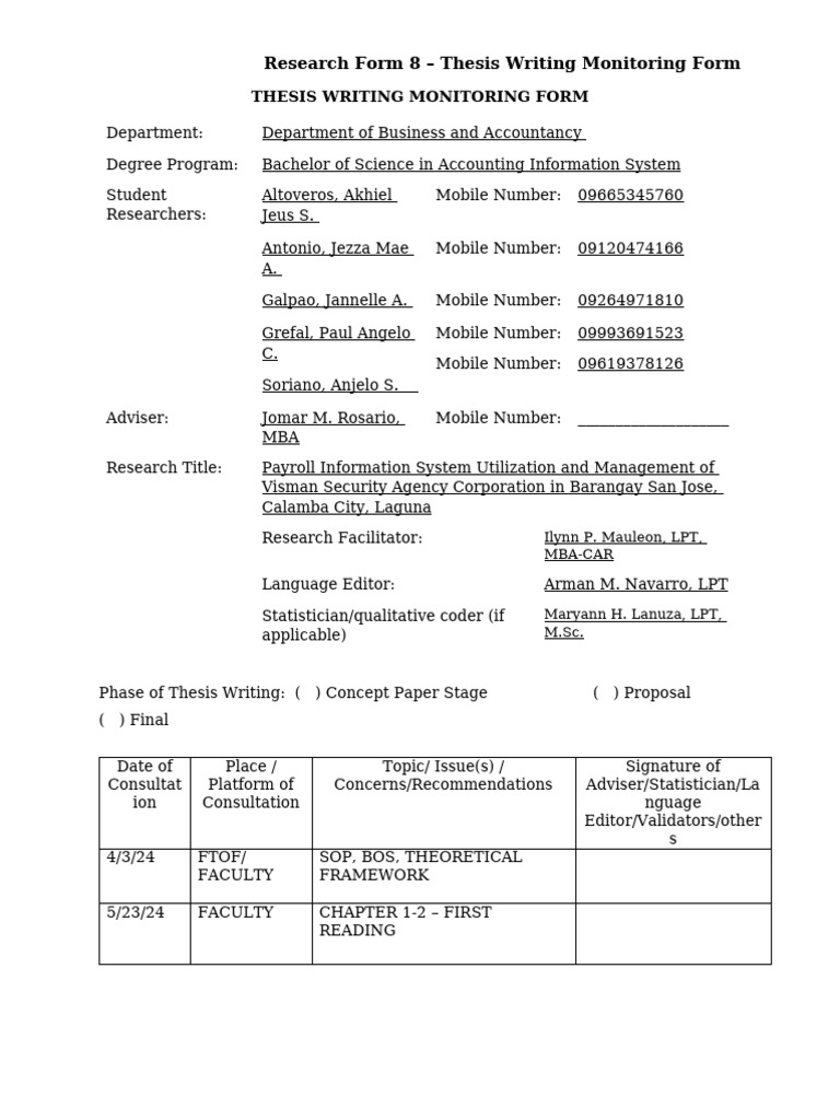 Form 8 Thesis Writing Monitoring Form 1 | PDF | Methodology | Science