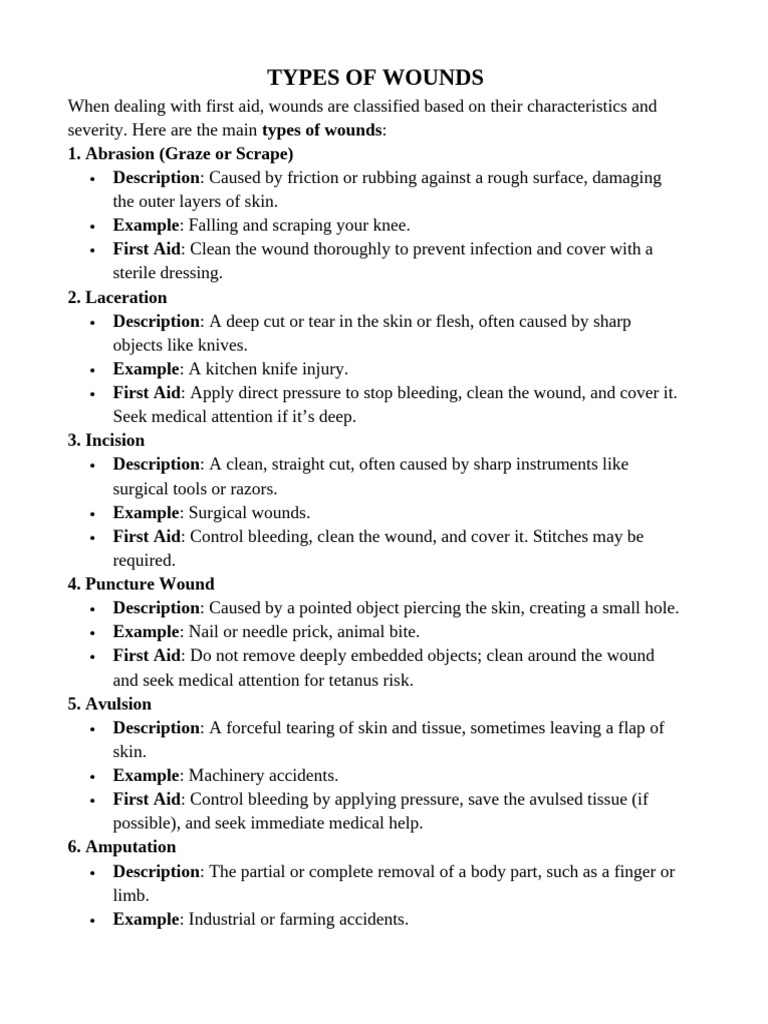 Types of Wounds For First Aid | PDF | Wound | Burn