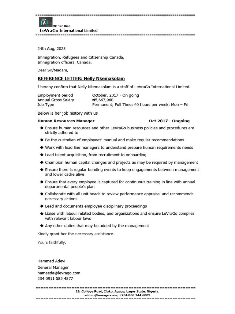 Reference Letter - LeVraGo - Nelly (2) (1) | PDF