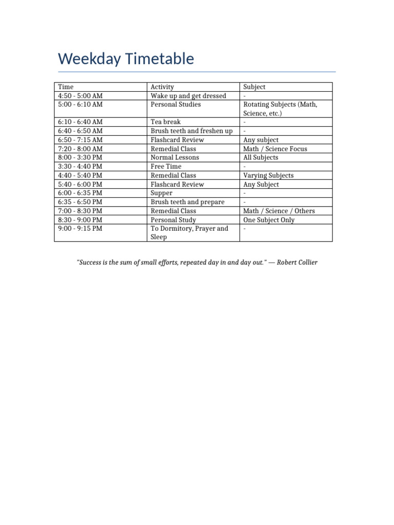 Weekday Timetable With Motivational Quote | PDF