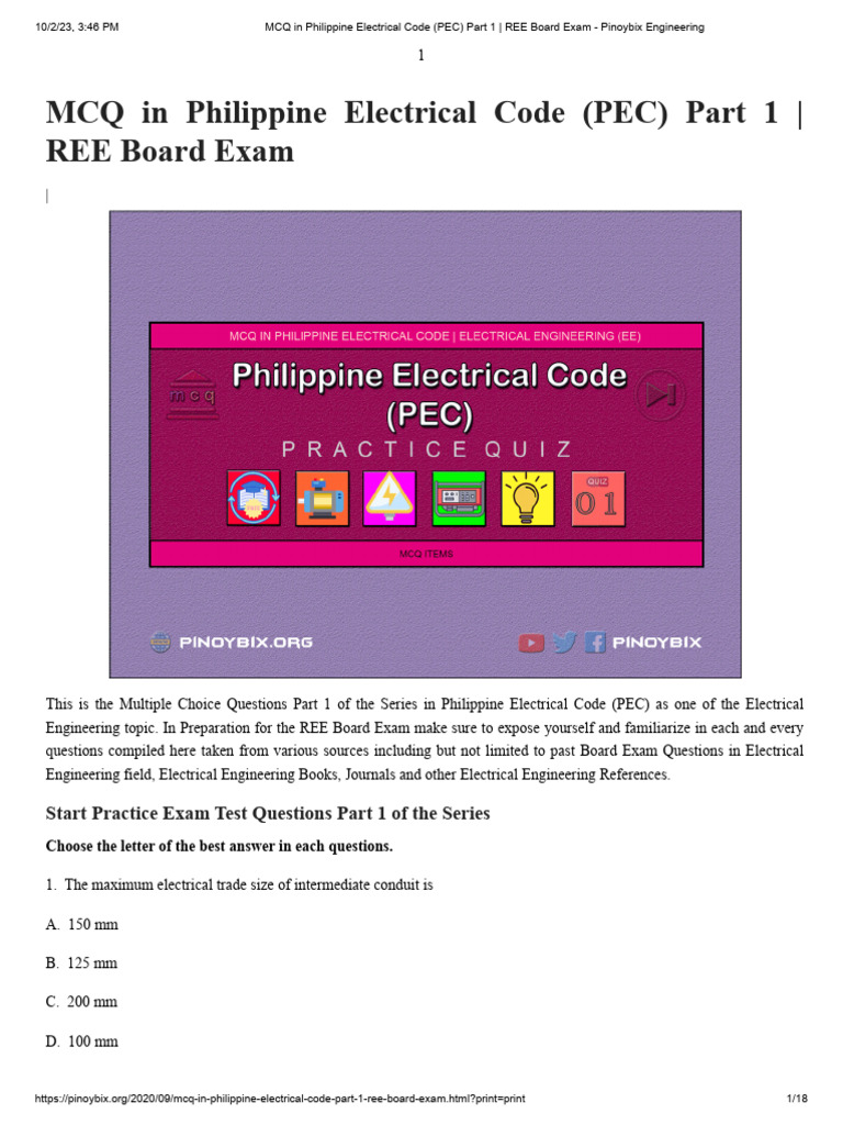 MCQ in Philippine Electrical Code (PEC) Part 1 - REE Board Exam ...