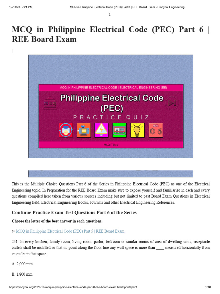 MCQ in Philippine Electrical Code (PEC) Part 6 - REE Board Exam ...