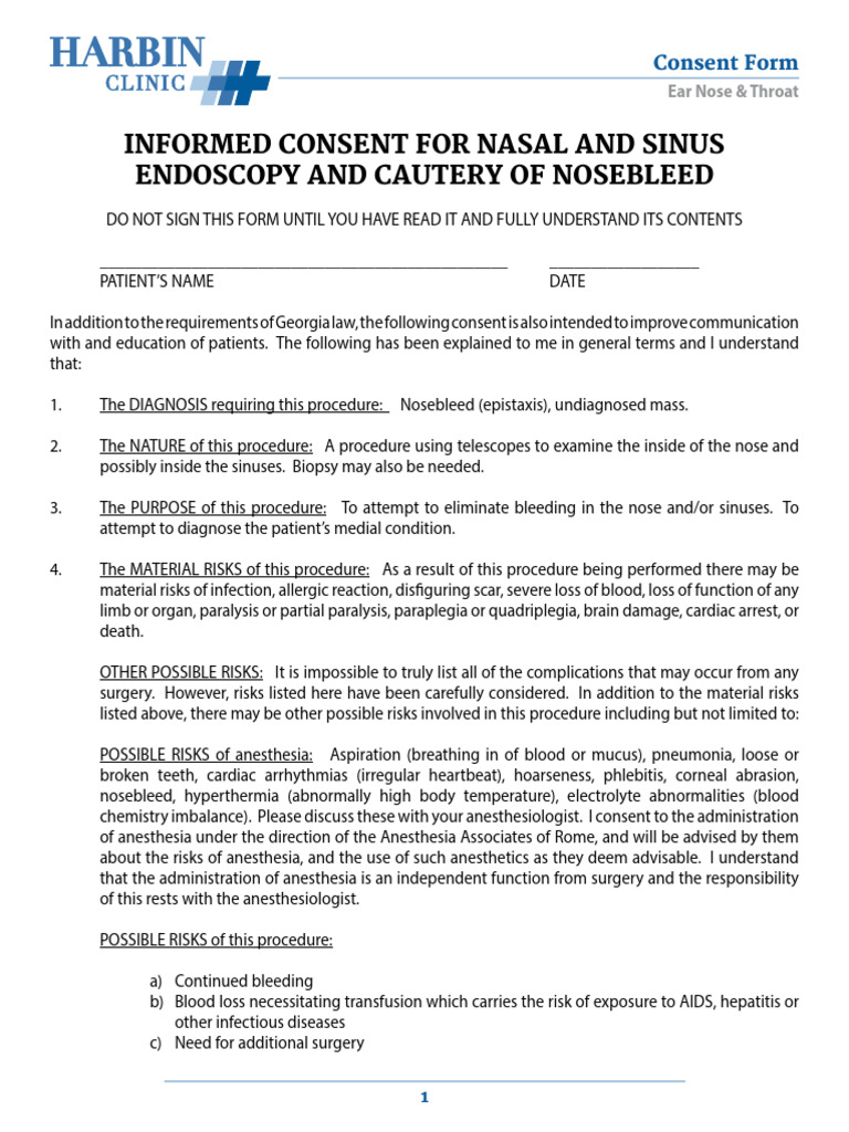Informed Consent for Nasal Endoscopy | PDF | Human Nose | Anesthesia