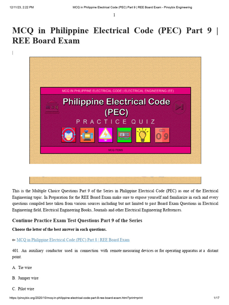 MCQ in Philippine Electrical Code (PEC) Part 9 - REE Board Exam ...