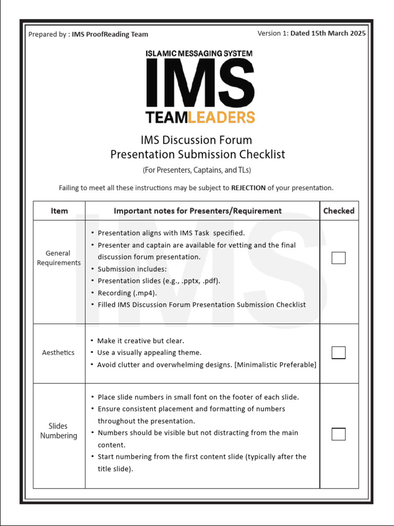 IMS - Presentation Submission Checklist | PDF