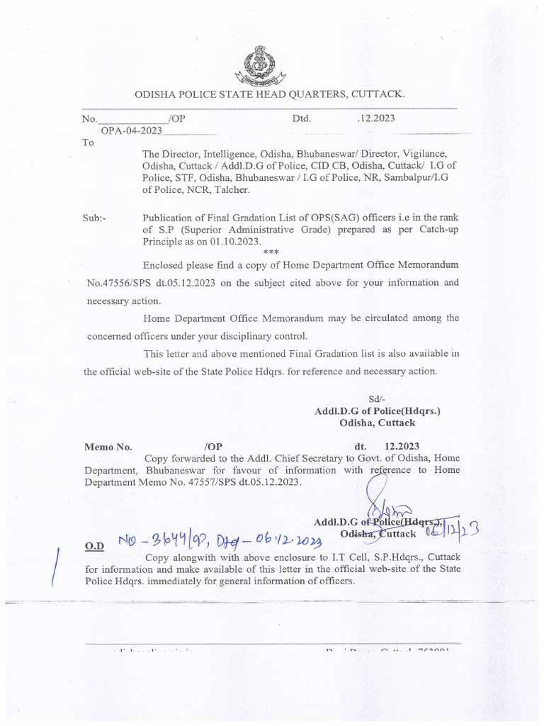 Final Gradation List of OPS (SAG) Officers I.E. in The Rank of Superintendent of Police ...