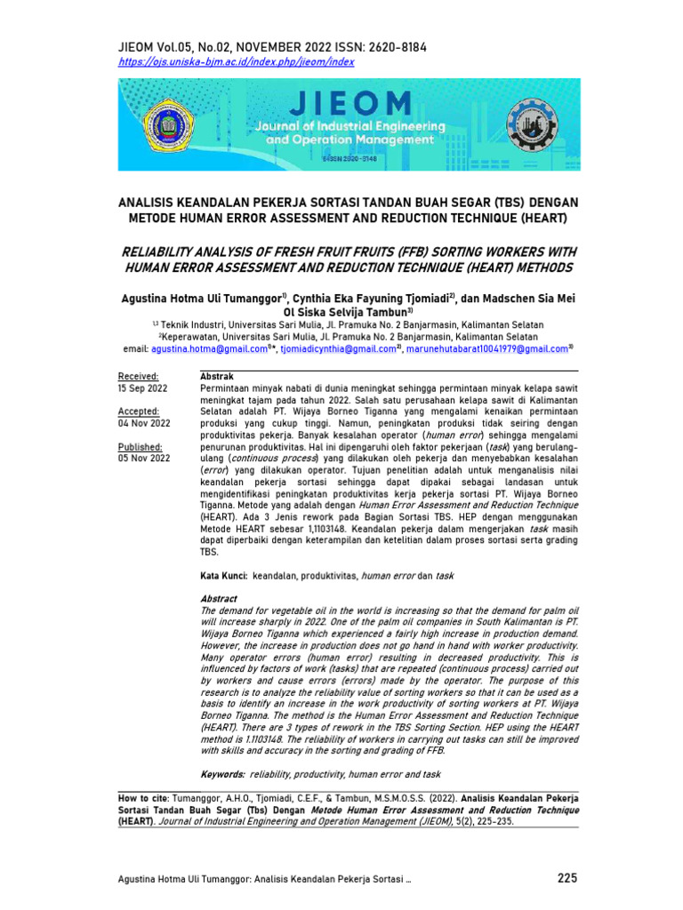Analisis Keandalan Pekerja Sortasi Tandan Buah Segar (TBS) Dengan Metode Human Error Assessment ...
