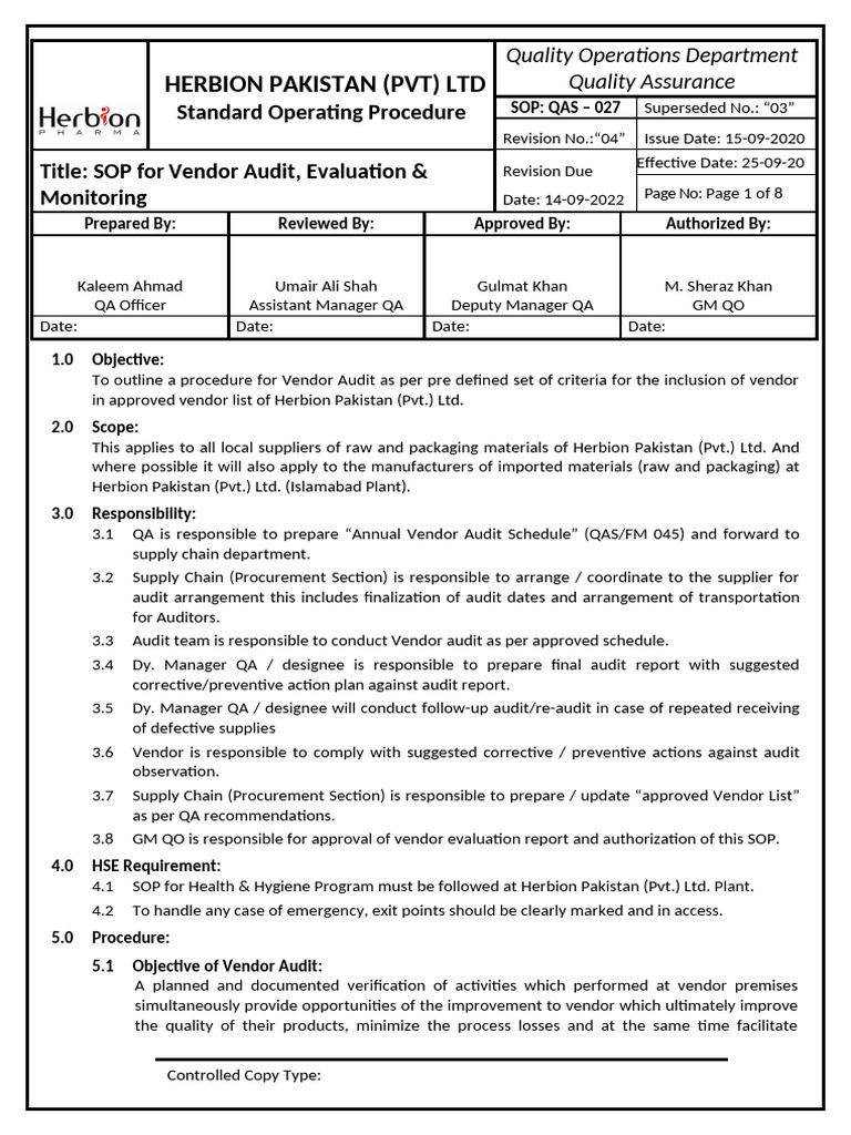 QAS-027 Sop For Vendor Audit Evaluation Monitoring Rev04 | PDF ...