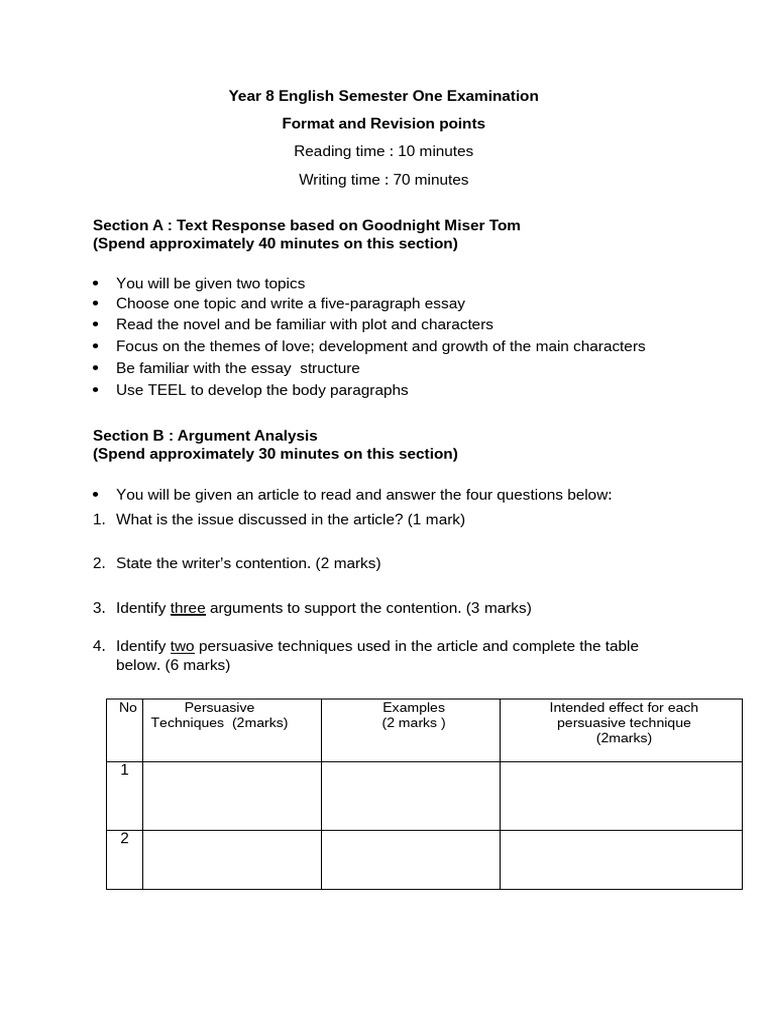 Year 8 English Exam Format and Revision points | PDF