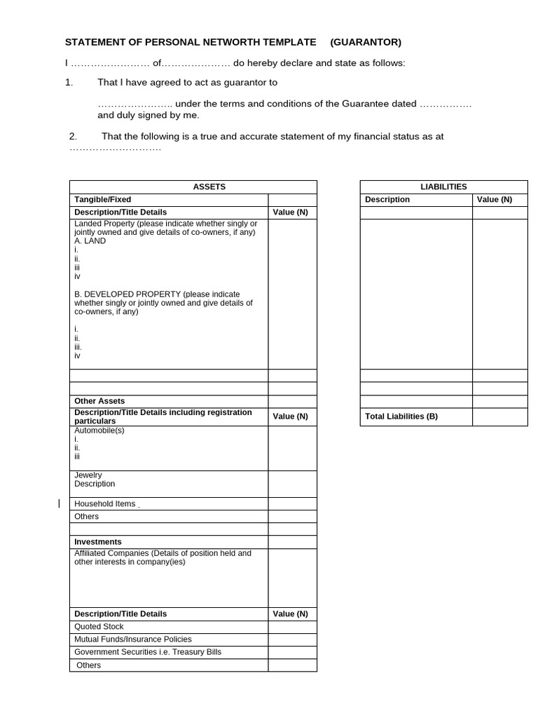 Personal Net Worth Statement Template | PDF | Net Worth | Banks