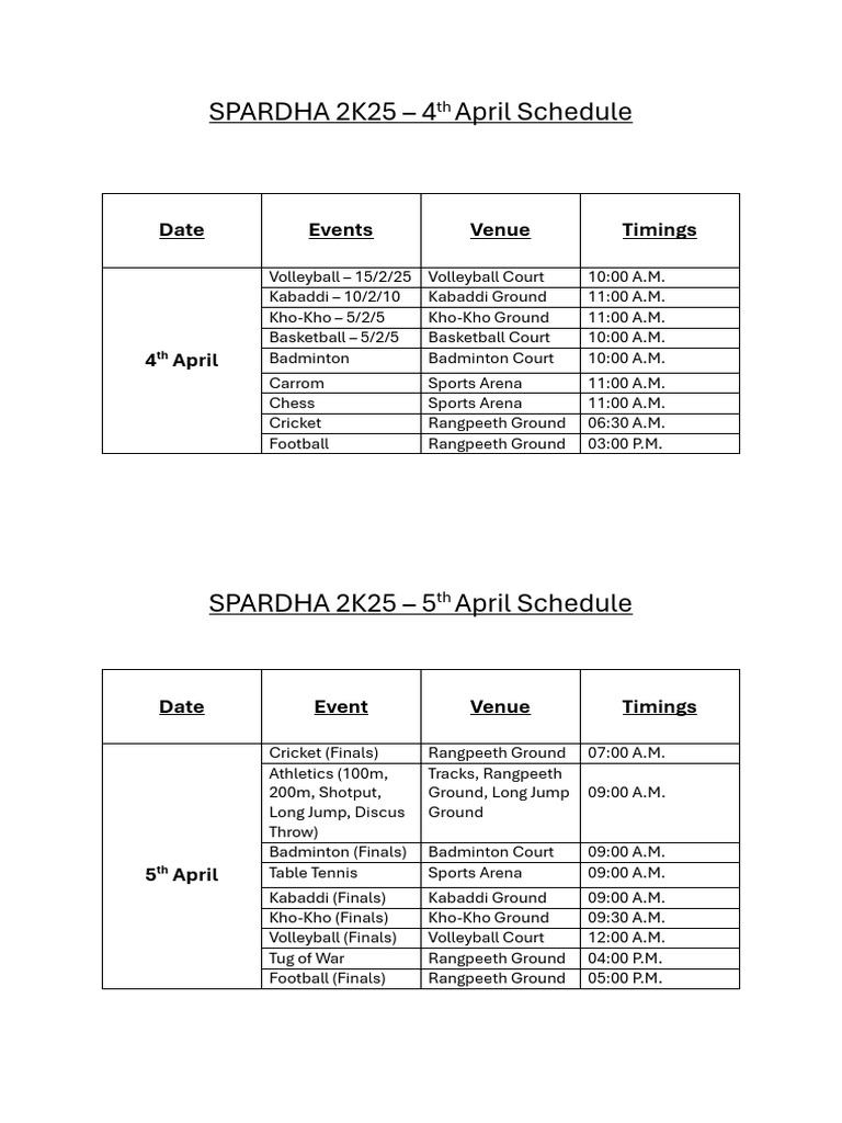 Spardha Schedule 2k25 | PDF