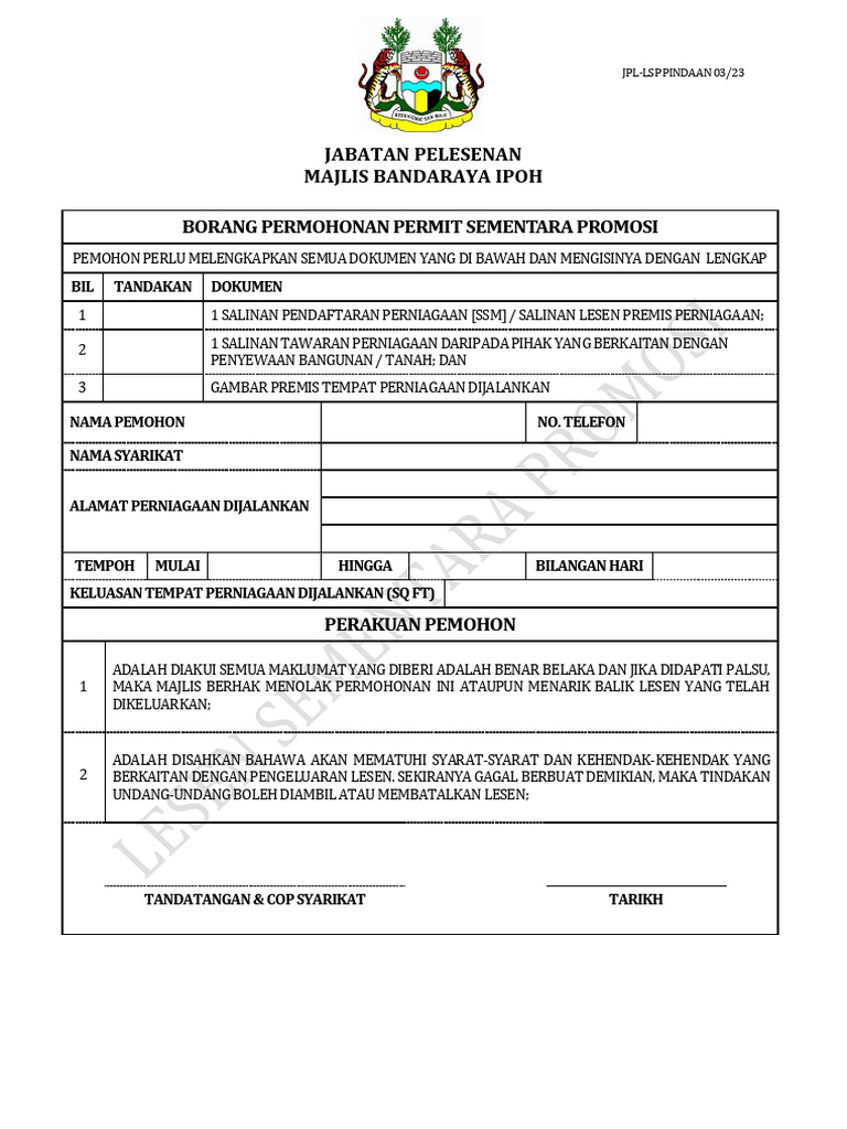 Borang Permit Sementara Promosi | PDF