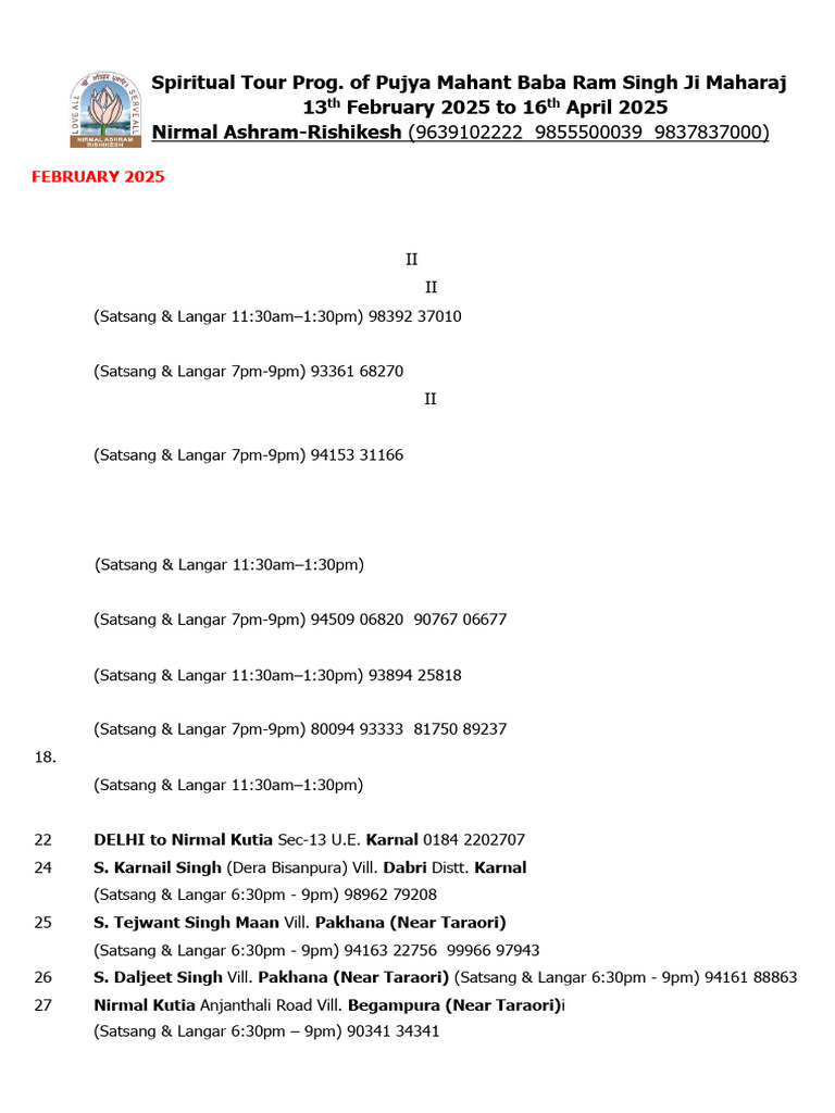 Spiritual Tour Prog 13 February 2025 To 16 April 2025 | PDF | Punjab | Bhakti Movement