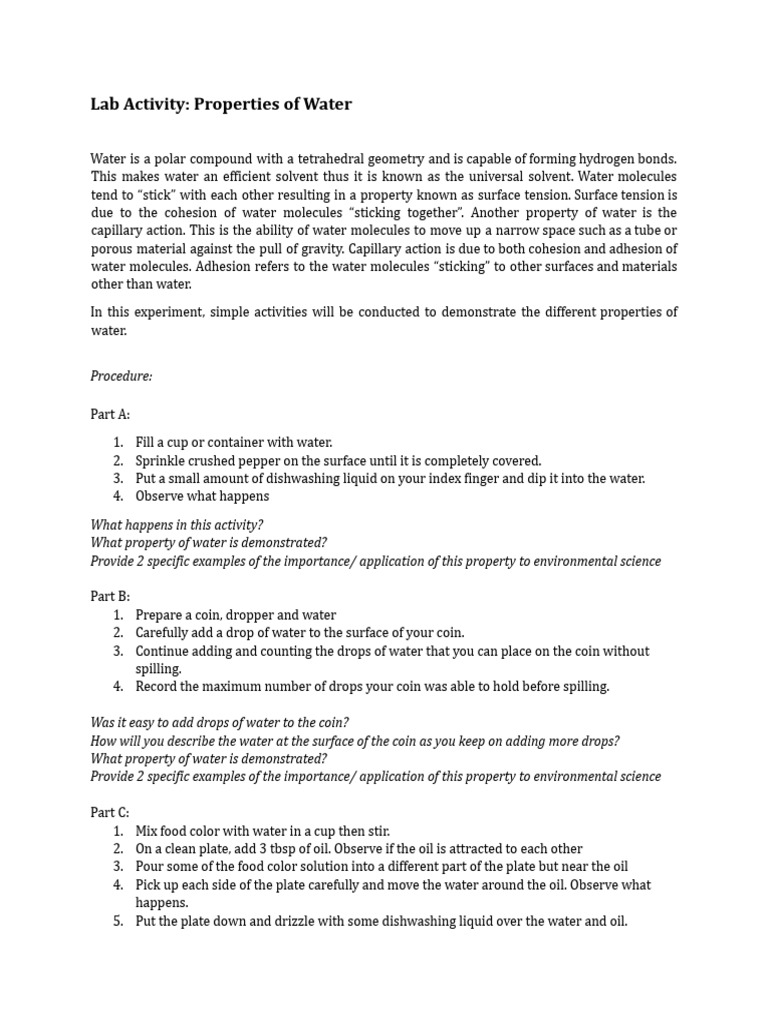 Experiment - Properties of Water | PDF | Water | Properties Of Water