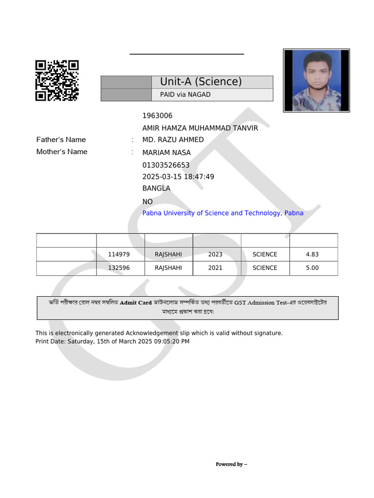 GST Admission Test Acknowledgement Slip 2024-25 | PDF