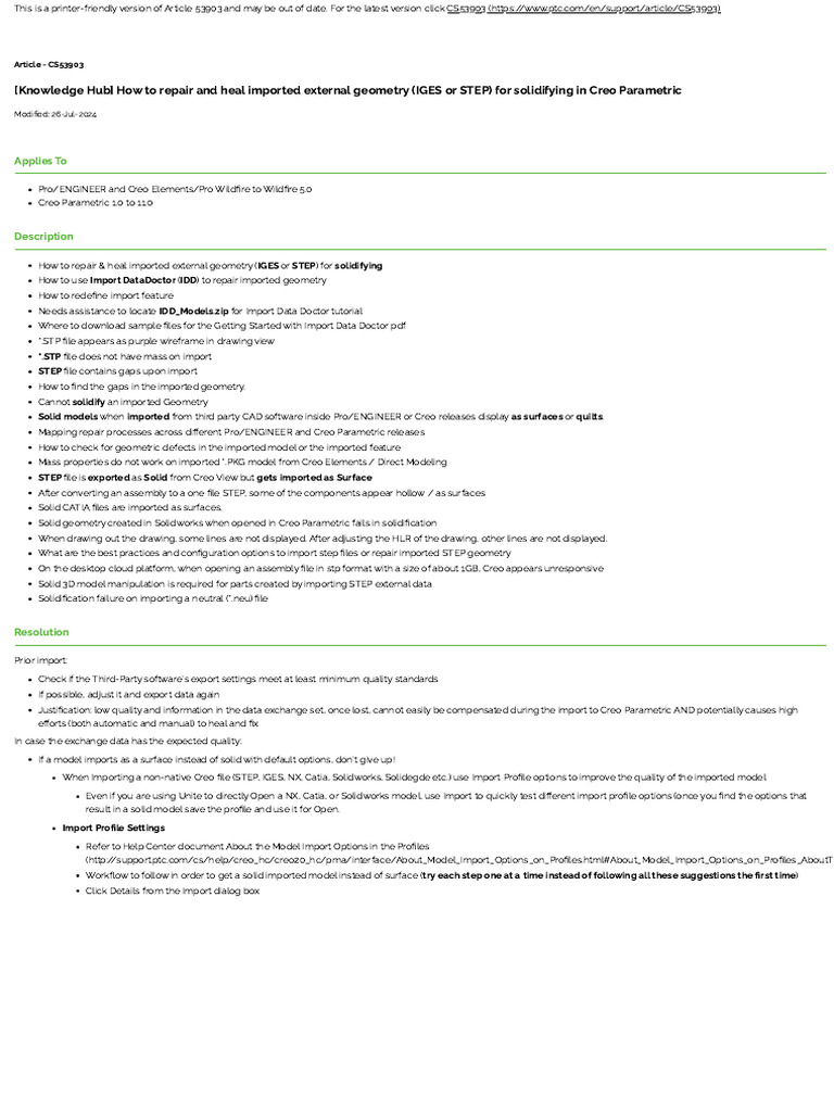 Article - CS53903 - (Knowledge Hub) How To Repair and Heal Imported External Geometry (IGES or ...