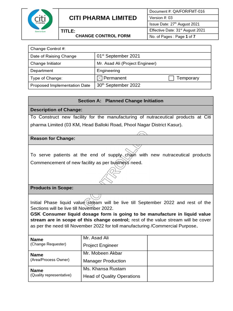 Citi Pharma Change Control Form | PDF