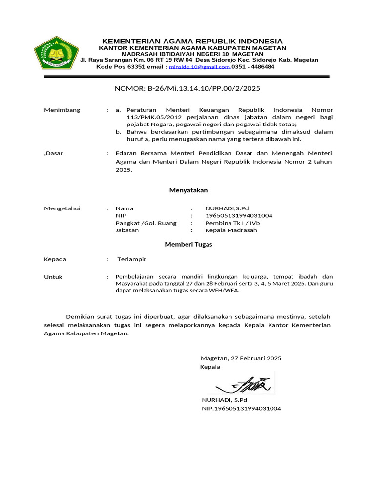 Surat Tugas WFH WFA MIN 6 Magetan | PDF