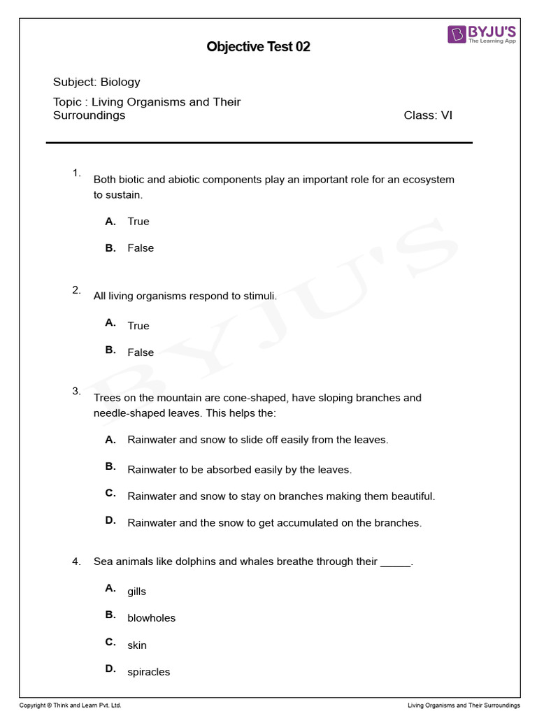 Living Organisms and Their Surroundings Objective Test 02 | PDF ...