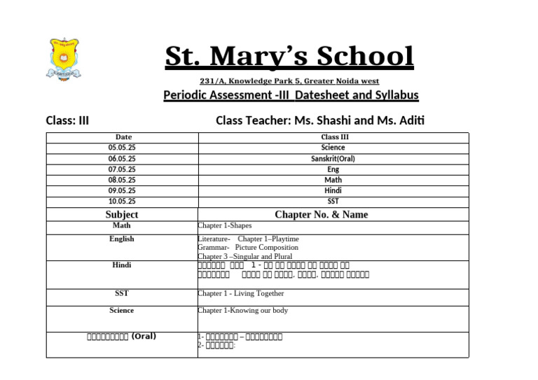 Class III Periodic Assessment Datesheet | PDF