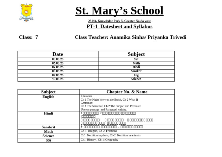 Class 7 Date Sheet 2025 Overview | PDF