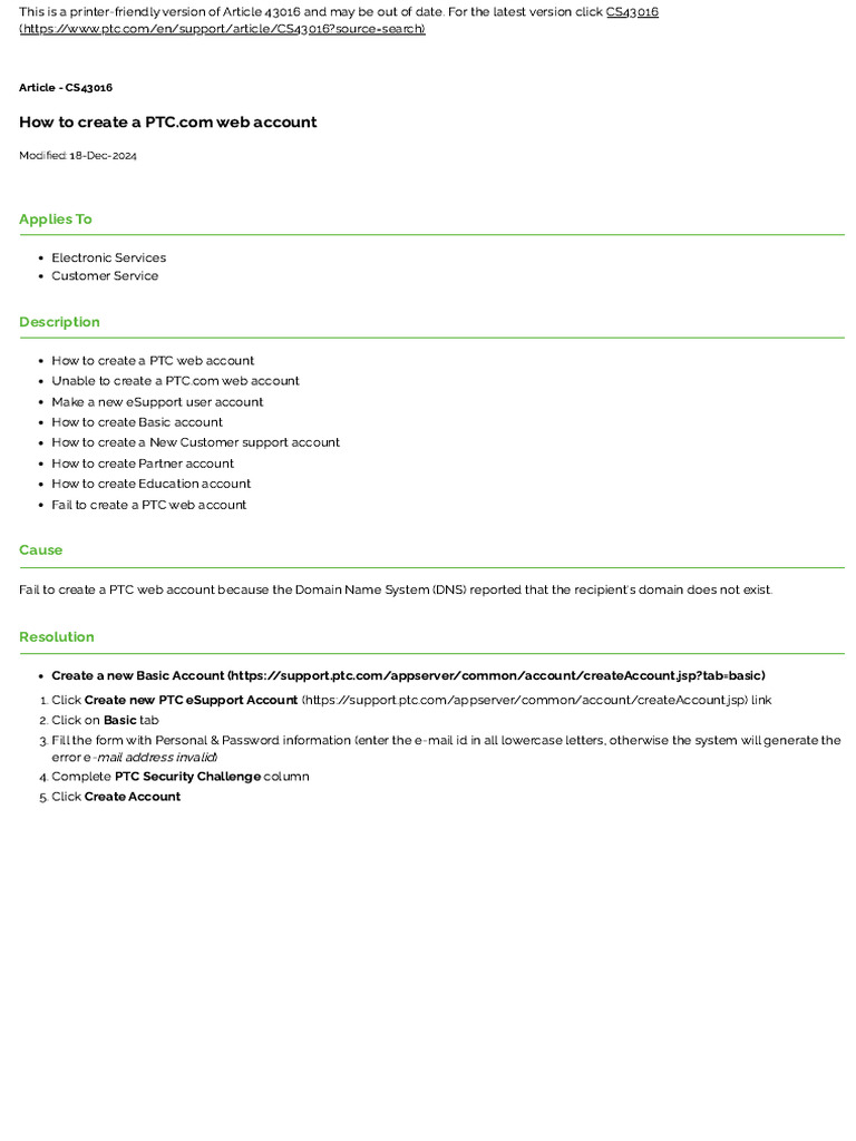Article - CS43016 - How To Create A PTC - Com Web Account | PDF | Email ...