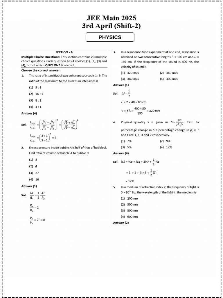 Physics 3 April S2 (Memory Based) | PDF