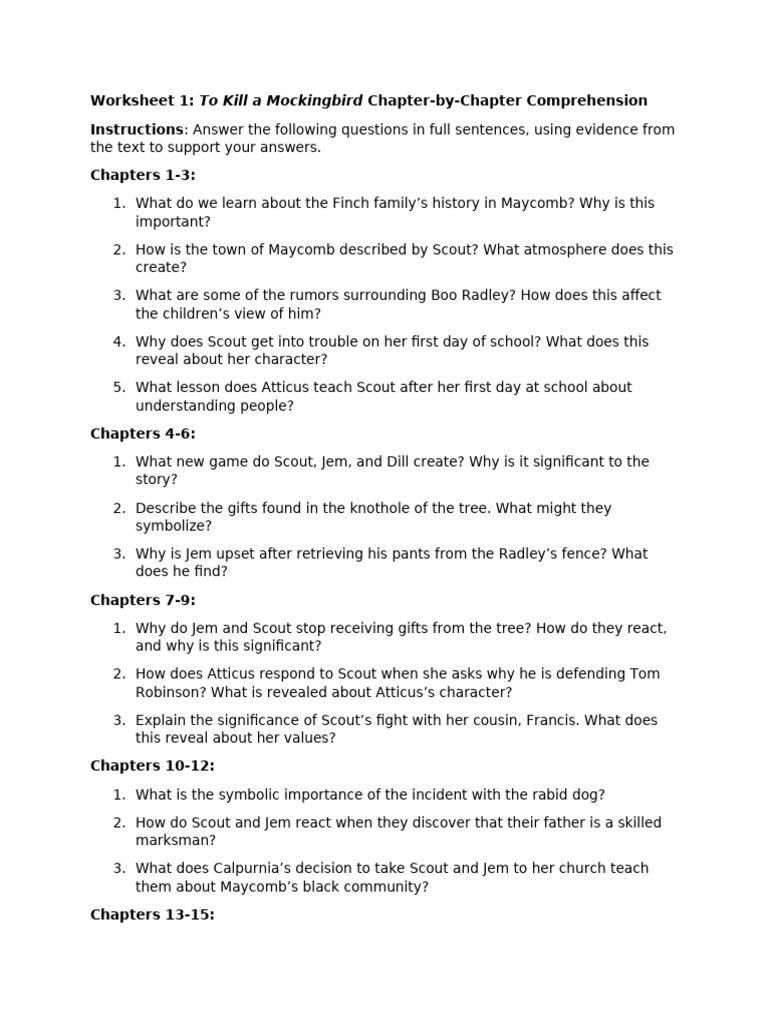 To Kill A Mockingbird - Worksheet 1 | PDF | To Kill A Mockingbird
