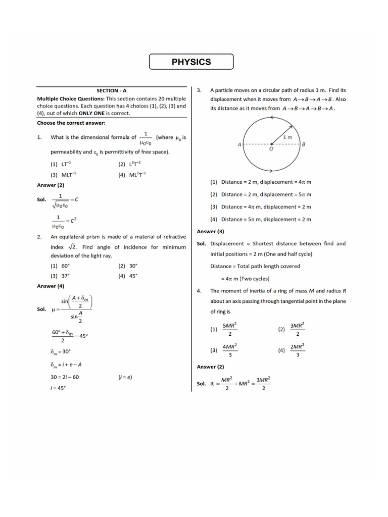 Physics 2 April S2 (Memory Based) | PDF