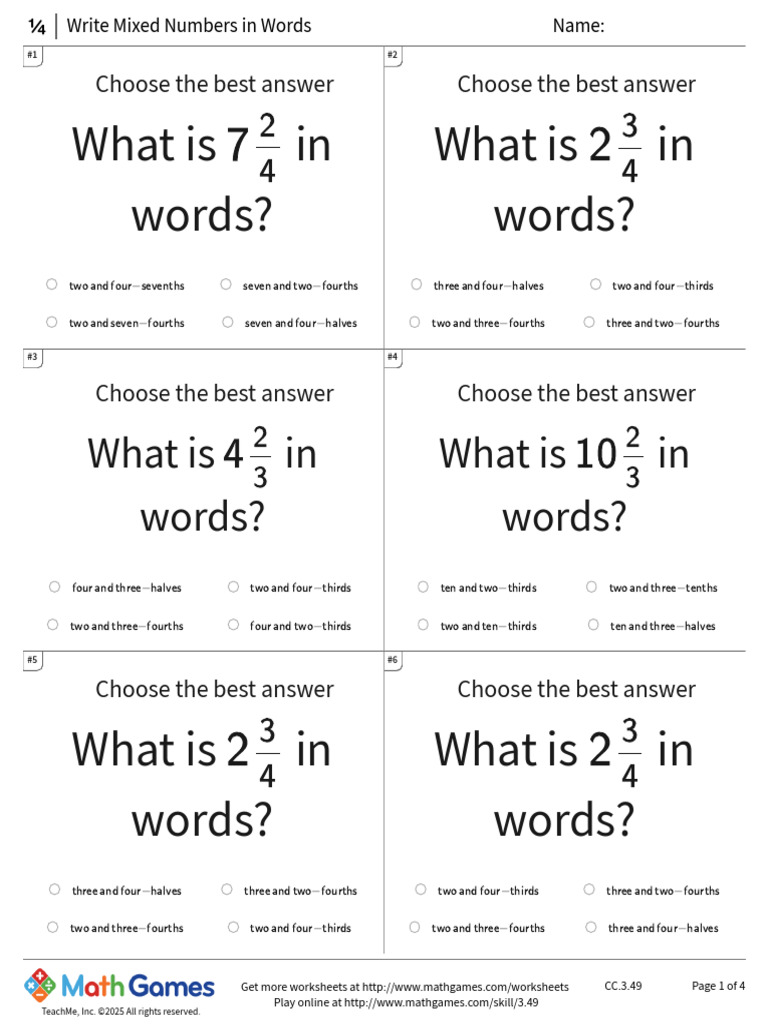 Write Mixed Numbers in Words | PDF