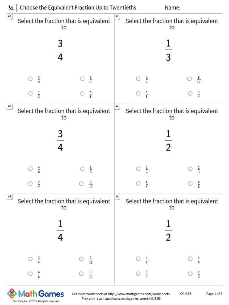 4 53 Choose The Equivalent Fraction Up To Twentieths | PDF