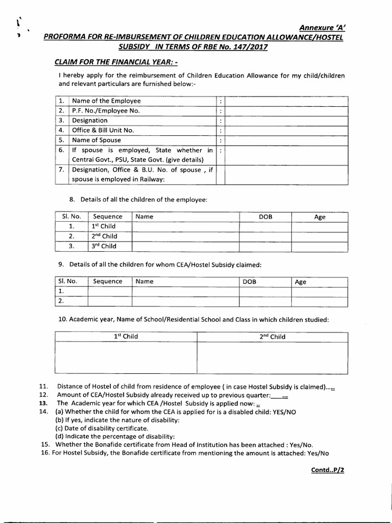 Children Education Allowance Hostel Subsidy Form Bilingual ...