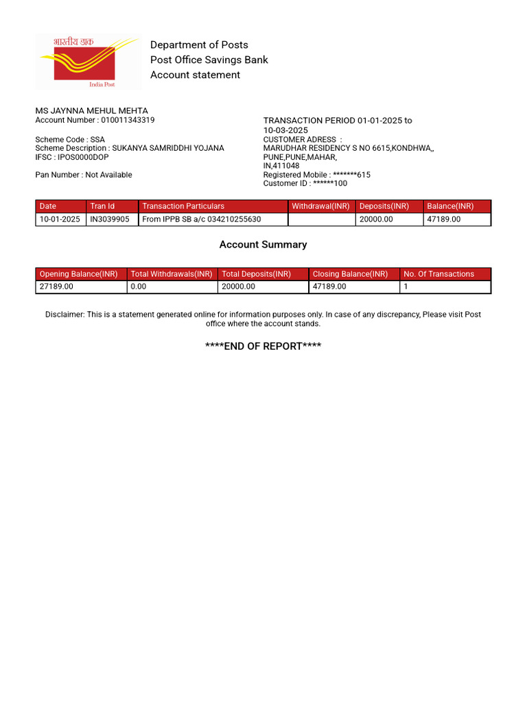 Post Office Account Statement Summary | PDF