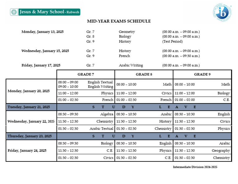2024-2025 Mid-Year Exam Schedule | PDF | Educational Stages