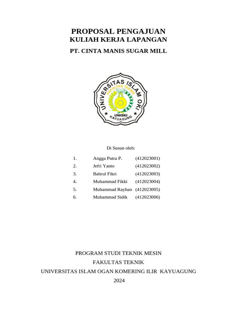 Proposal KKL SMSTR 2 T. Mesin PT. Cinta Manis Sugar Mill-1 | PDF