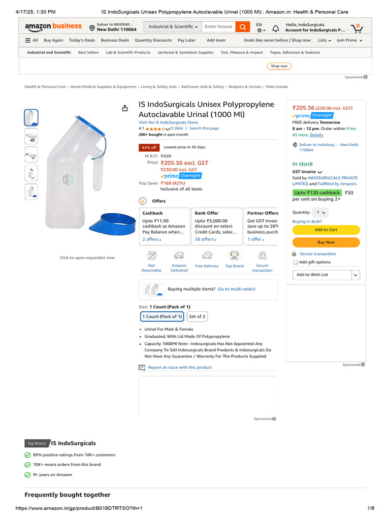 IS IndoSurgicals Unisex Polypropylene Autoclavable Urinal (1000 ML ...
