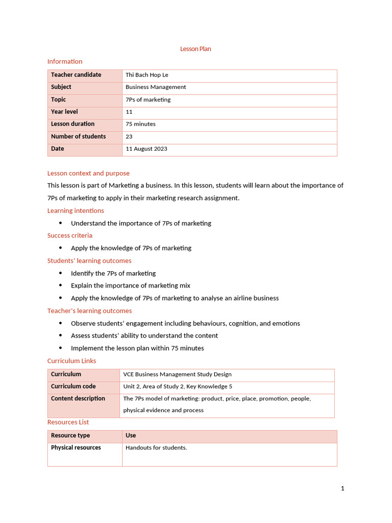 7Ps of Marketing Lesson Plan for Year 11 | PDF | Lesson Plan | Marketing