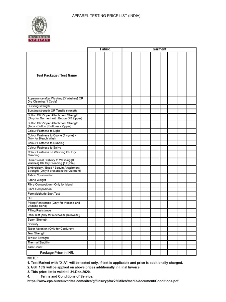 Apparel Testing Price List India | PDF | Textiles | Clothing