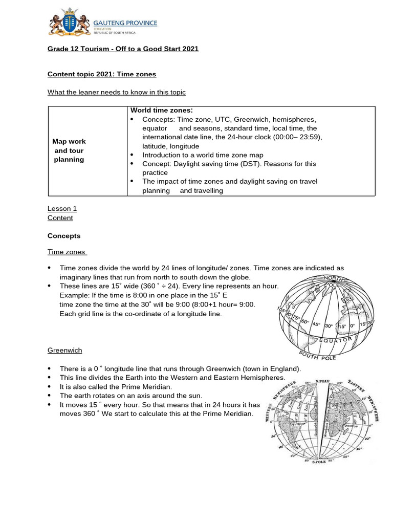 Tourism Grade 12 Term 1 Week 10 Time Zones | PDF | Longitude | Latitude