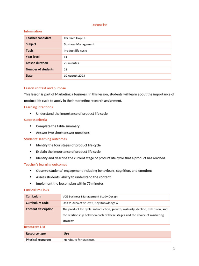 Lesson Plan 1 - Yr11 Bus Man - Product Life Cycle | PDF | Marketing ...