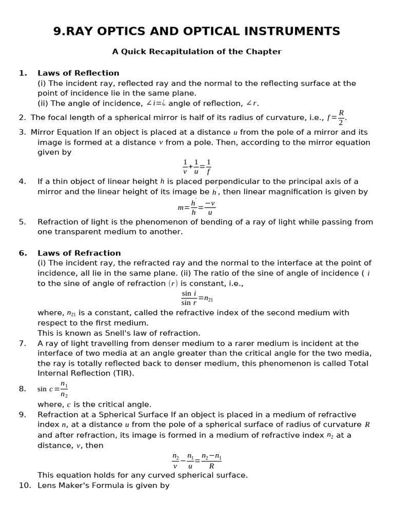 9.Ray Optics | PDF | Refraction | Optics