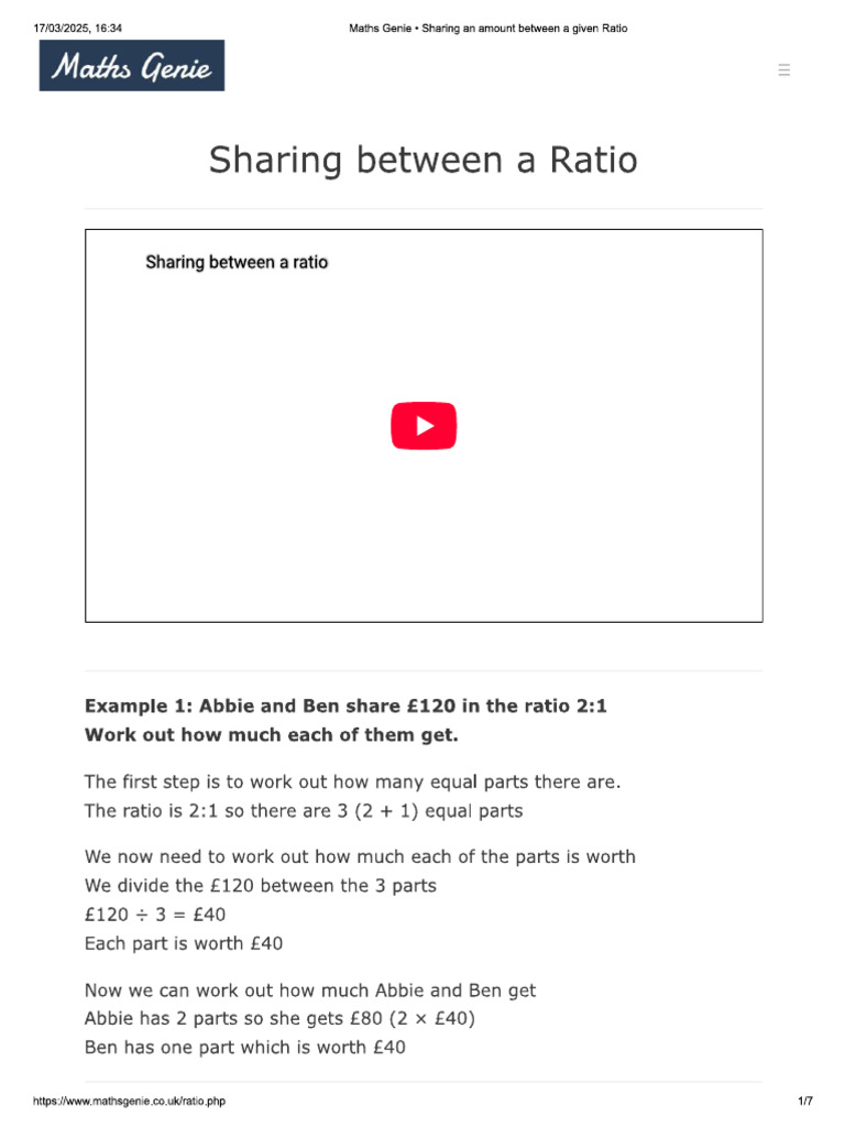 Ratio-Lesson Mathsgenie | PDF