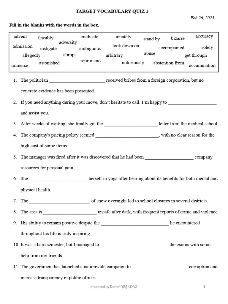 Target Vocabulary Quiz 1 | PDF