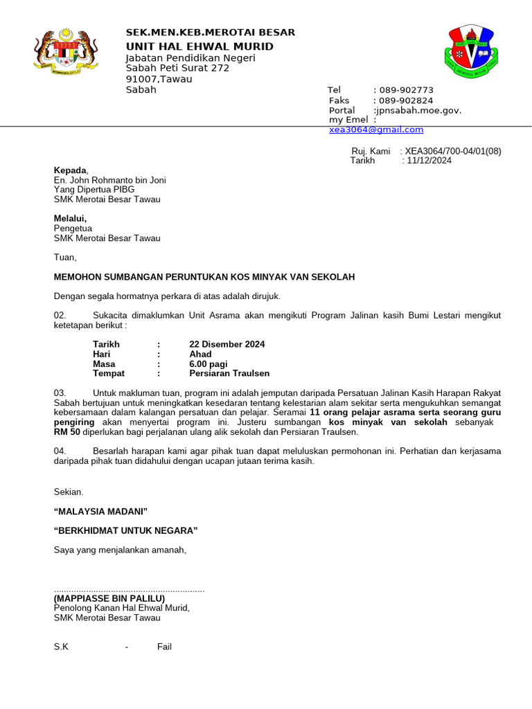 08 - Surat Kepada YDP PIBG Memohon Peruntukan MEMOHON SUMBANGAN ...