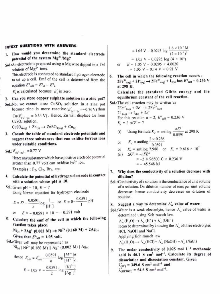 Electrochemistry Intext Questions & Solutions | PDF | Ph | Materials
