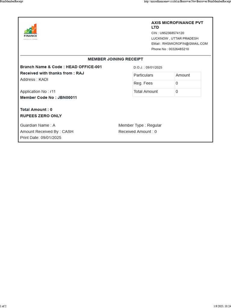 Print Member Receipt | PDF