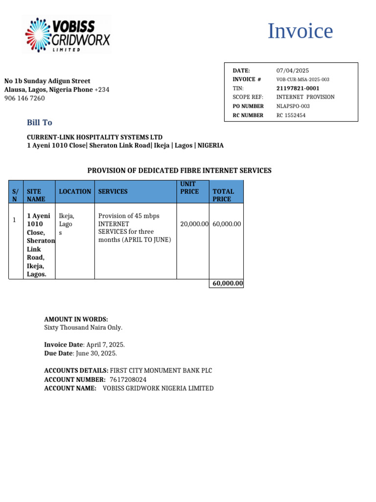 Invoice for Current Link Services | PDF